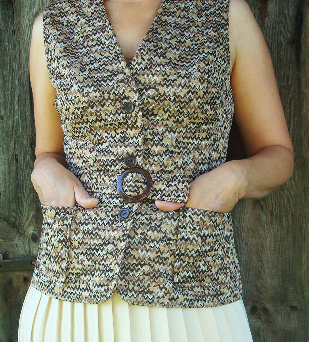 70s Vintage Vest; Brown & Beige Vest With Belt and Pockets; Form ...