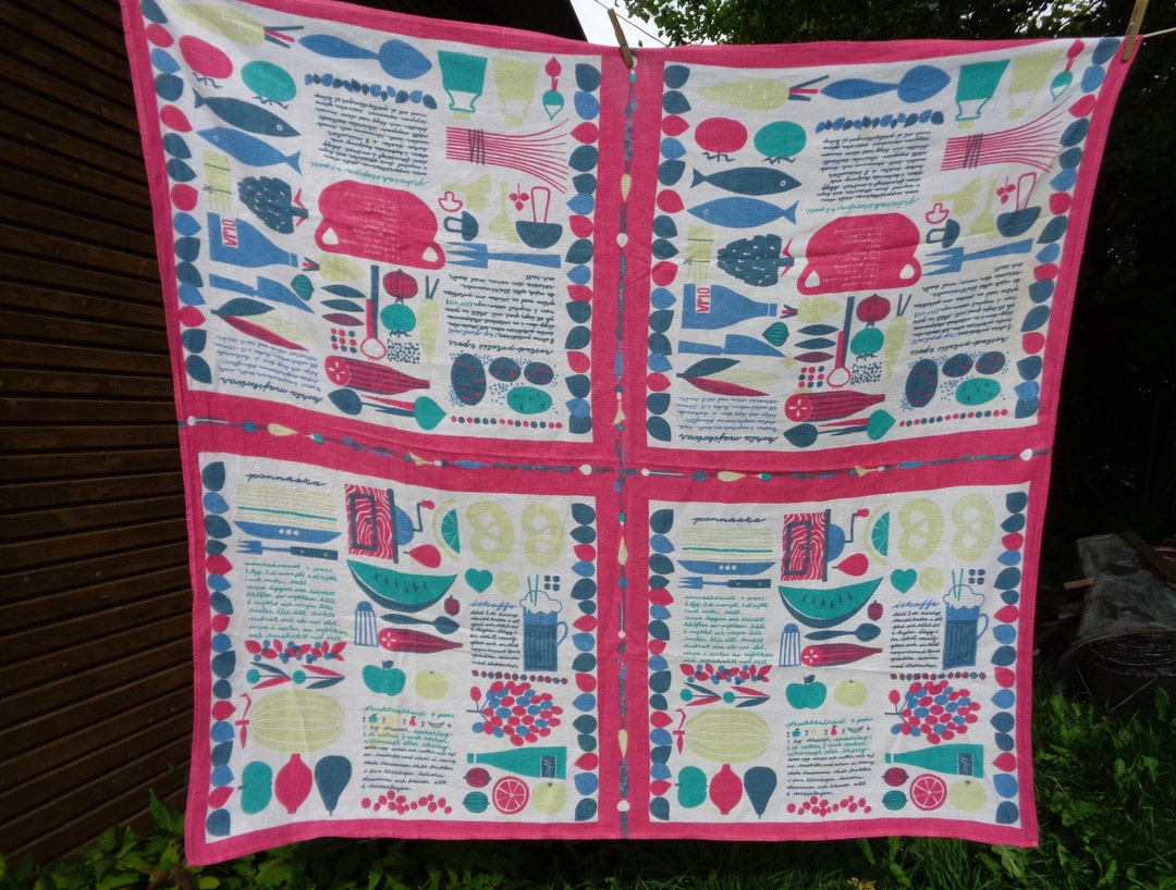 ORIGINAL Scandinavian Mid Century Tablecloth With Kitchen Motifs, Linen ...