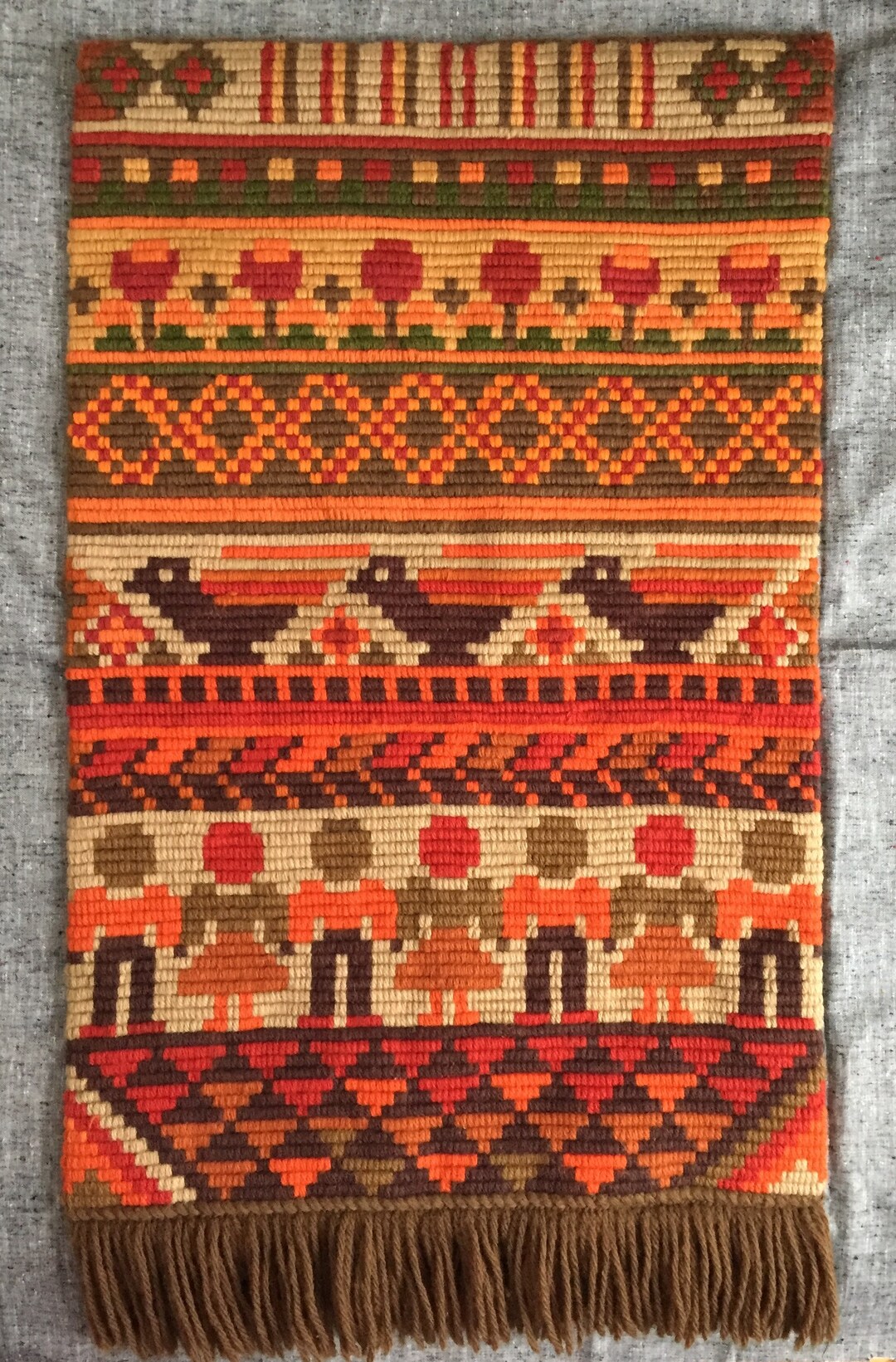 Vintage Fiber Art Embroidered Wall Tapestry 23x 40 Earth Color Wall ...
