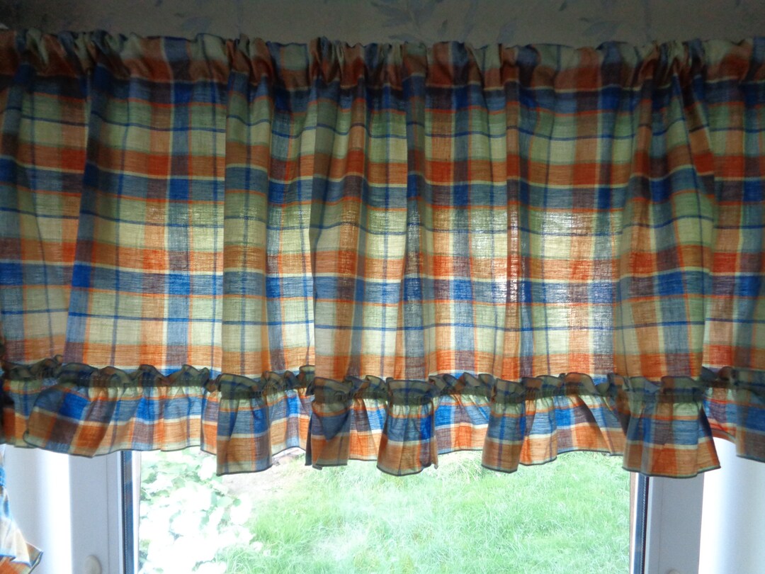 Vintage Kitchen Curtain H19"x W69" Plaid Cotton Valance With Frill - Etsy