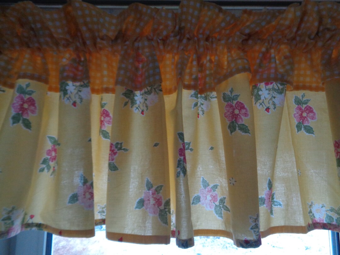 Swedish Vintage Curtain Valance With Floral Print & Gingham; Yellow ...
