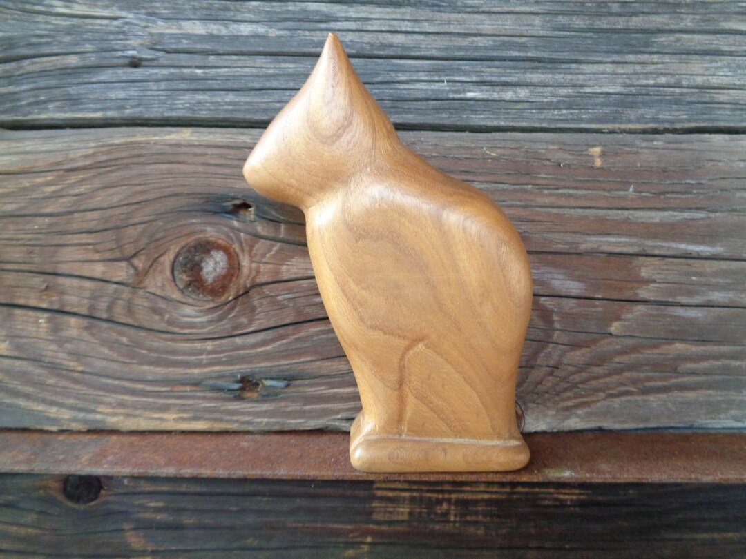 Vintage Wooden Cat; Natural Wood Cat Figurine; Wooden Sculpture; Hand ...