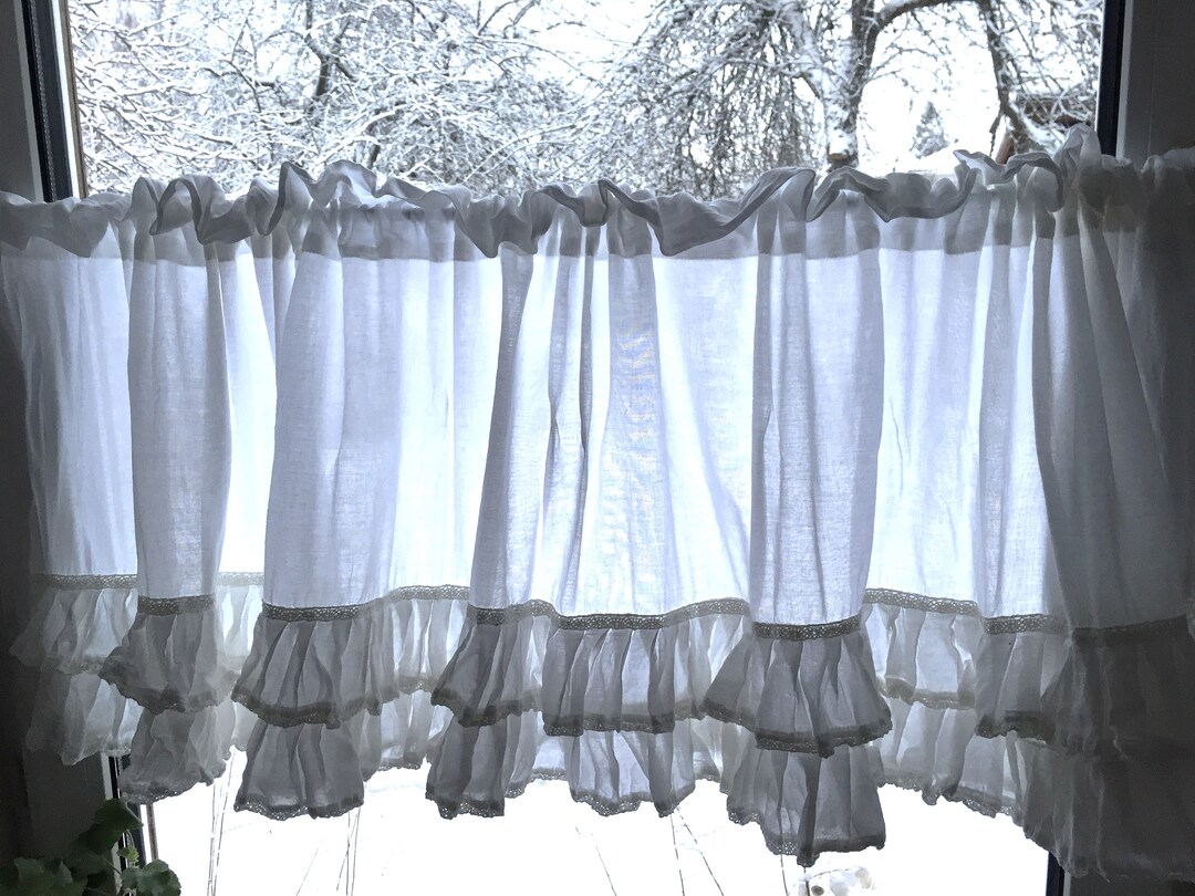 Vintage White Cotton Kitchen Curtain With Frills H20"x W82" Privacy ...