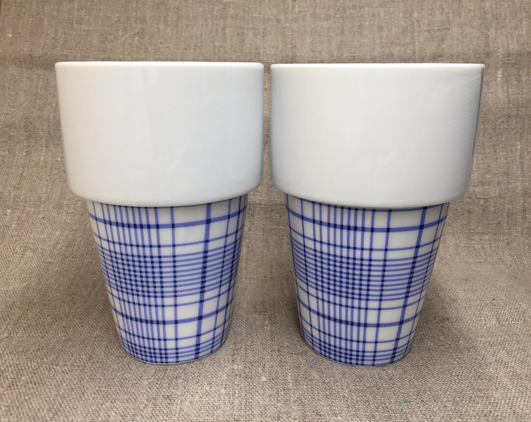 Pair of Handleless Porcelain Mugs, Stackable Tumbler Cups With Plaid ...