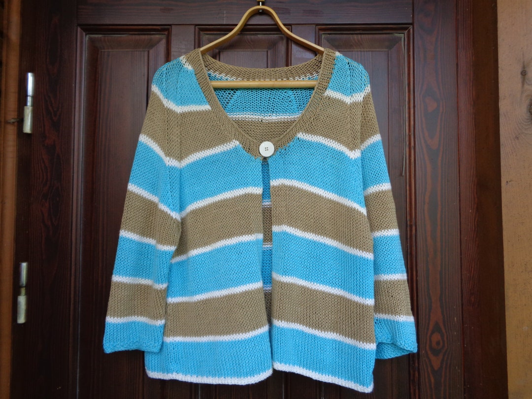 Vintage Extra Large Cardigan, One Button 3/4 Sleeves; Tan, White & Aqua ...