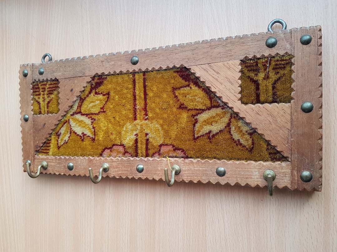 Antique Carved Wood Wall Hanger With Tapestry Inserts and 4 Hooks L12 ...