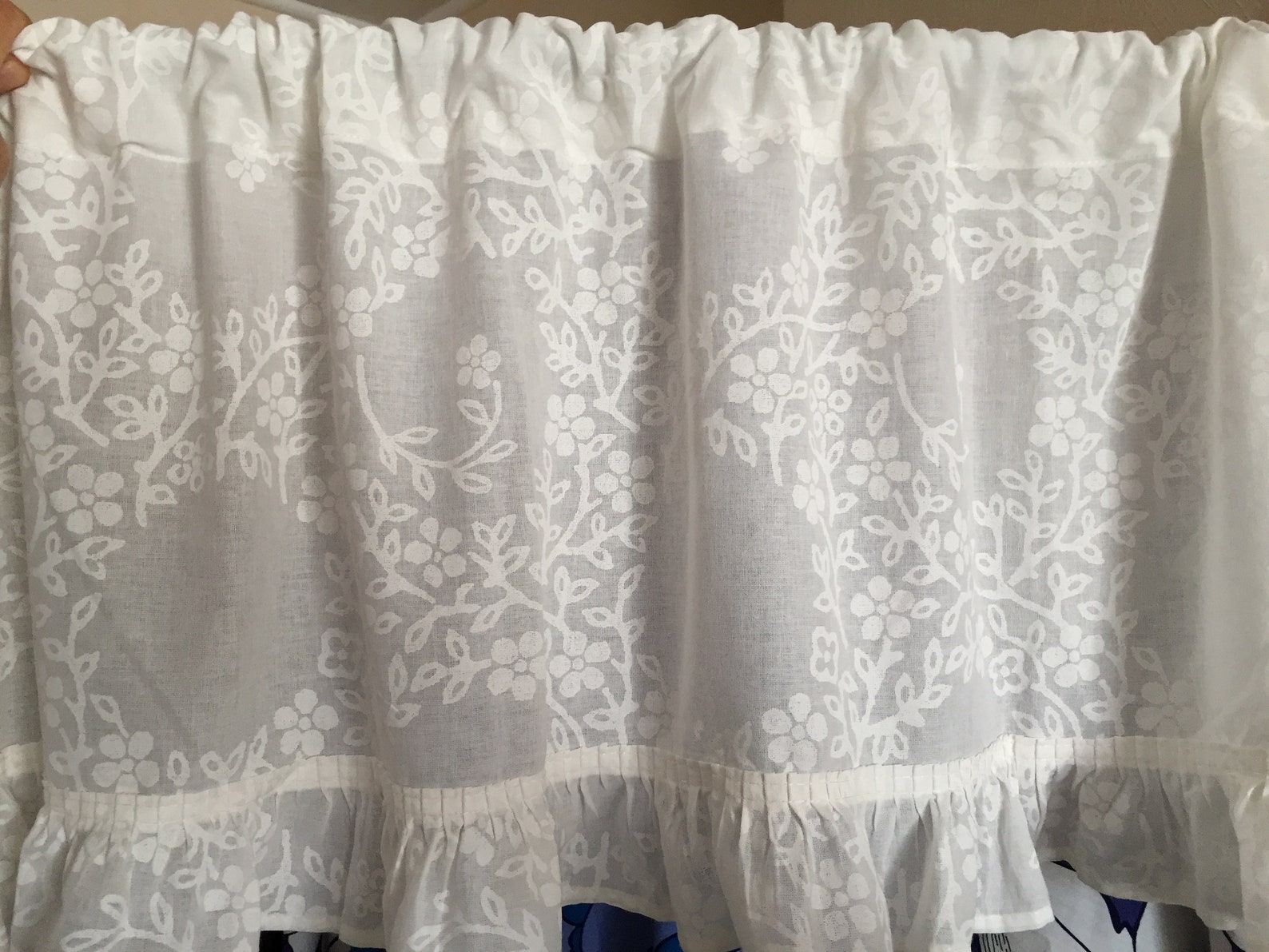 Swedish Vintage White Kitchen Curtain With WHITE Print and Frill H16"x ...
