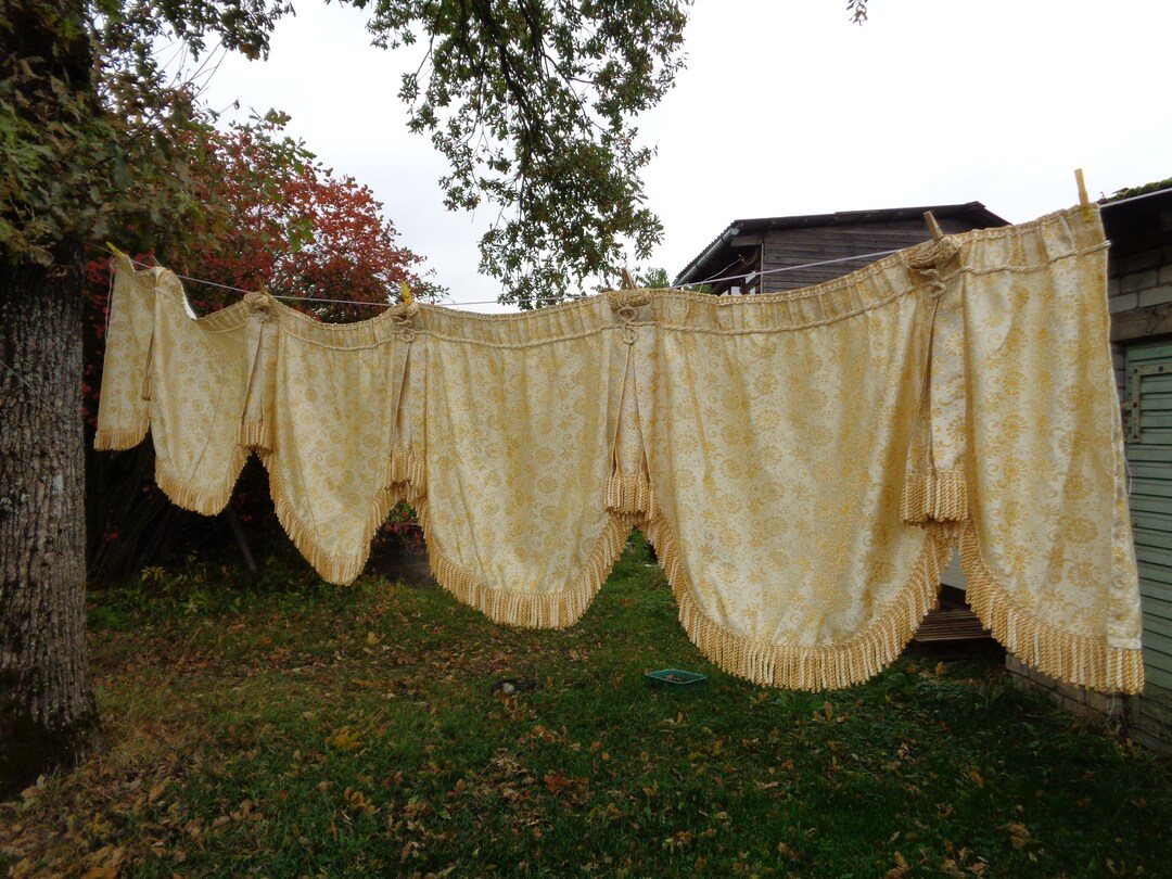 Vintage Curtain Valance With Fringe W143" X H26; Golden Color Boho ...
