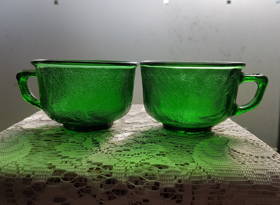 Pair of Vintage Vivid Green Glass Cups Vol 150 Ml; Pressed Glass Cups ...