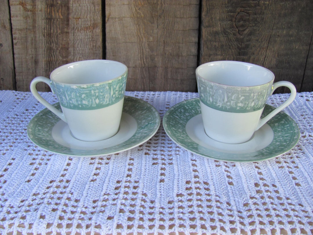 Vintage Set of 2 Small Coffee Cups With Saucers; White & Mint Porcelain ...