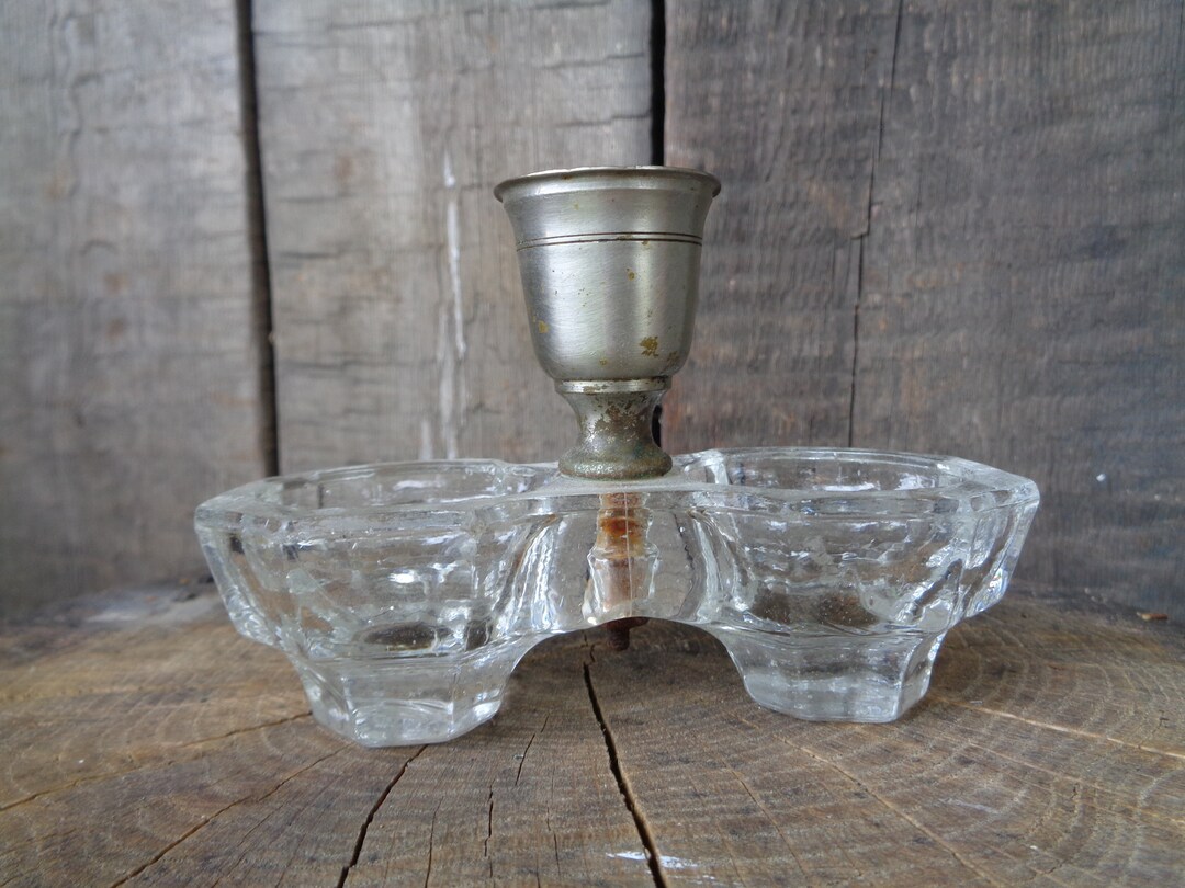 Antique Salt & Pepper Cellar, Clear Glass Double Cellar With Metal Cup ...