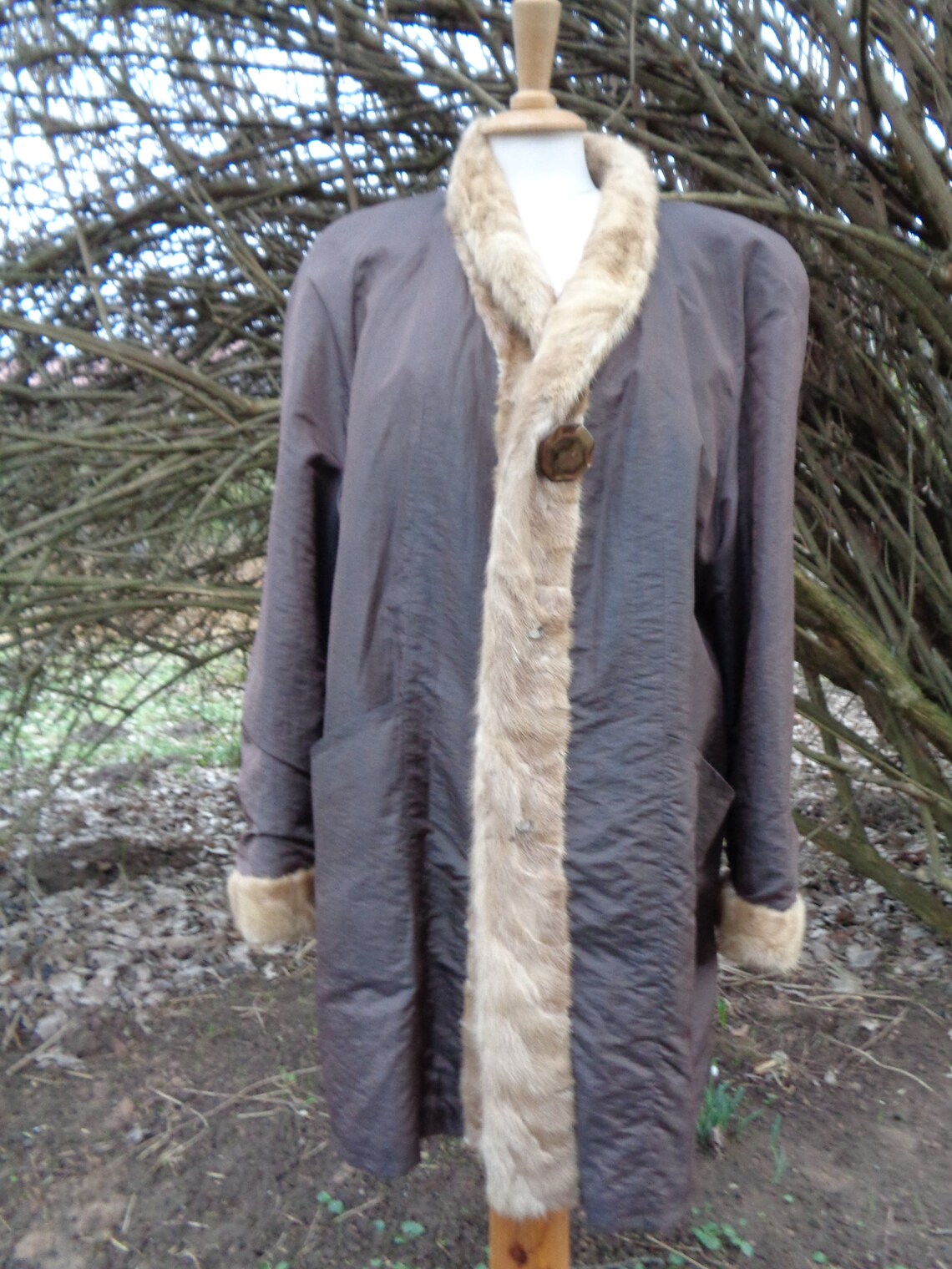 German Vintage Coat Brown Fabric & Real Fur Coat Size L/ XL - Etsy