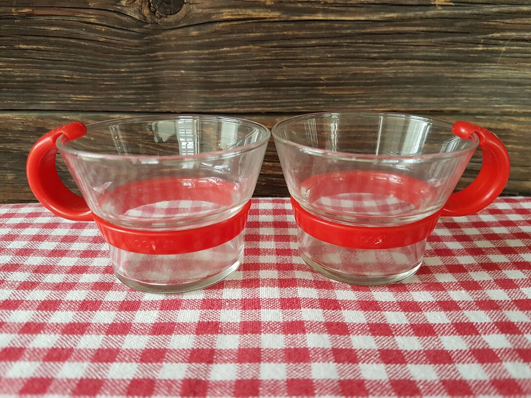 Pair of Bodum Coffee Cups; Glass & Red Plastic Demitasses; Vintage ...