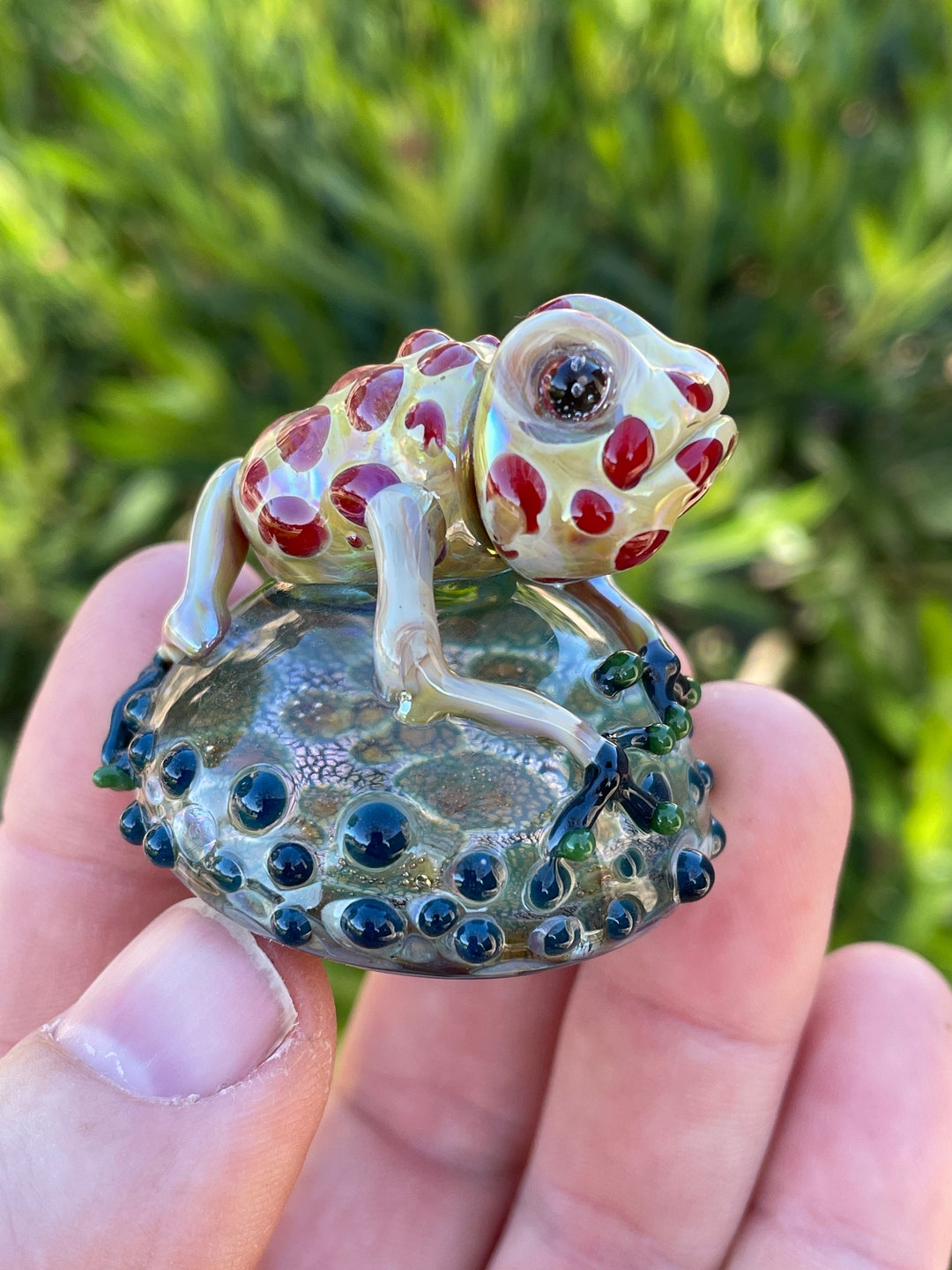 Glass Frog Sculpture on a Vortex Marble Handmade Torch-work, a Unique ...
