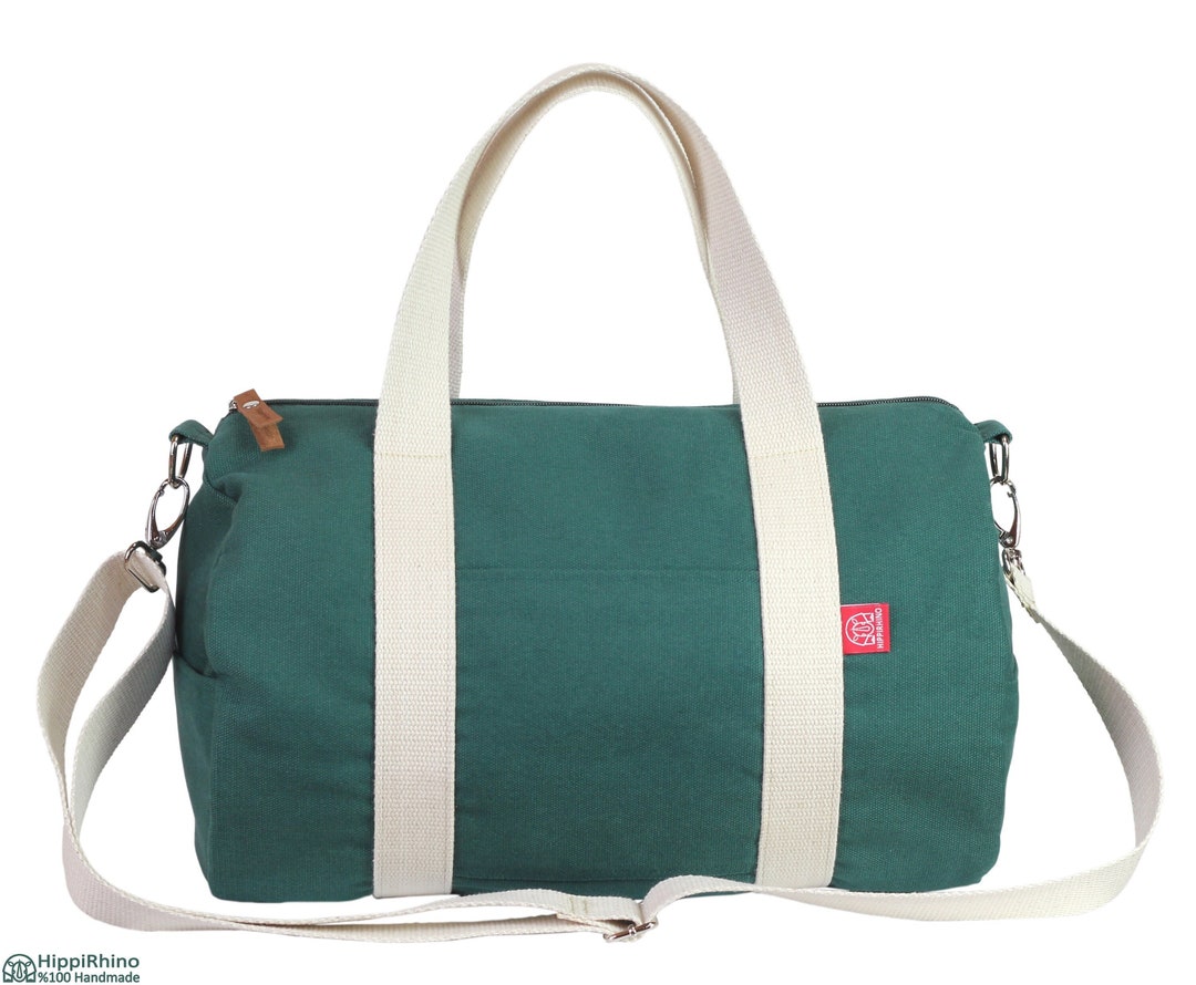 Green Cotton Canvas Duffle Bag, Washable Duffel, Weekender Bag, Travel ...