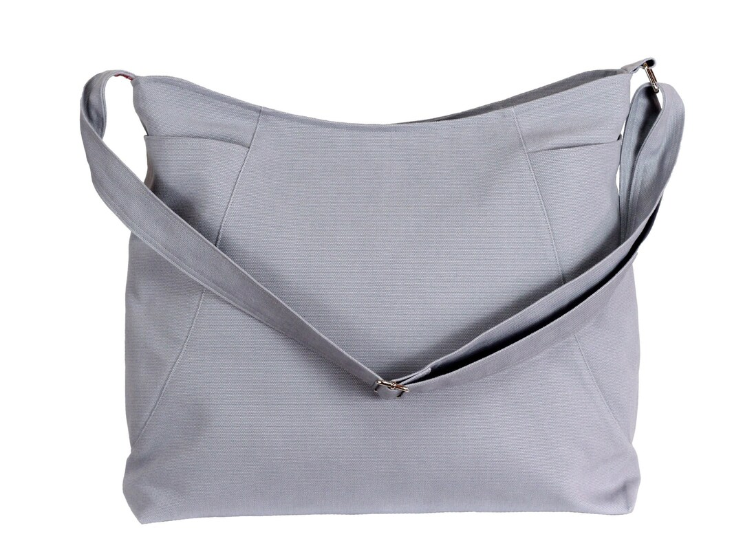 Gray Canvas Crossbody Hobo Bag Large Side Pockets Long Adjustable Strap ...