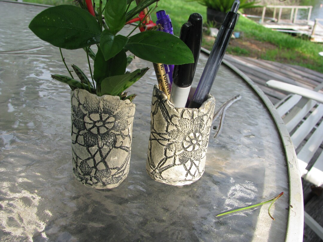 Lace Imprinted Clay Vase Set: Black Accent Pen & Bud Holders - Etsy