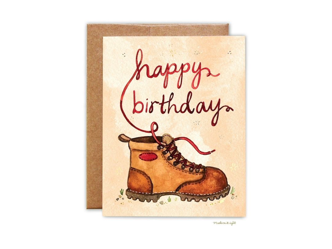 Happy Birthday Hiking Boot - Watercolor Greeting Card - Blank Card With ...