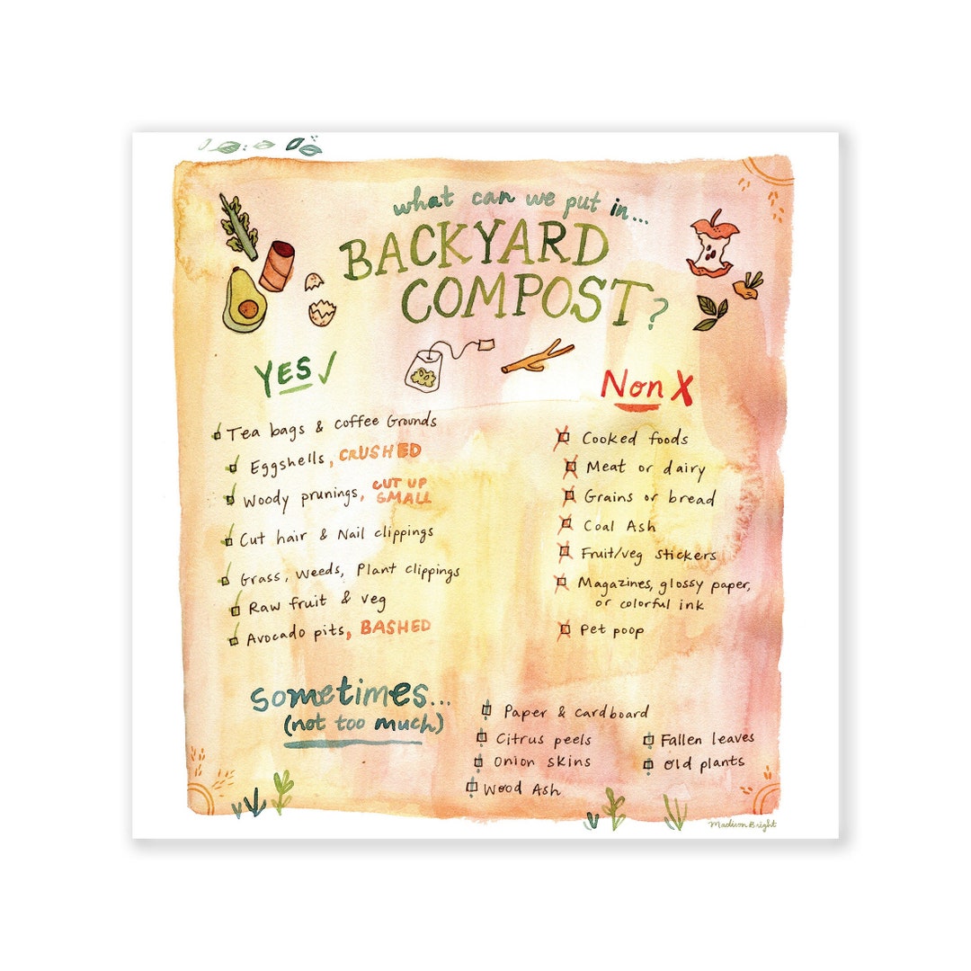 Backyard Compost - What to Compost Chart - Archival Watercolor 8x8 Art ...