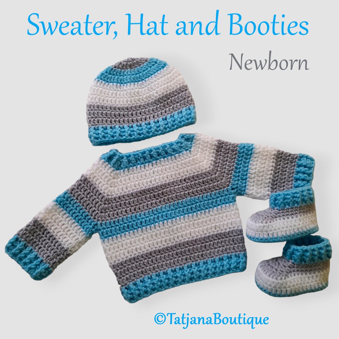 Crochet Baby Sweater, Hat and Booties Set, Baby Shower Gift, Baby Grey ...