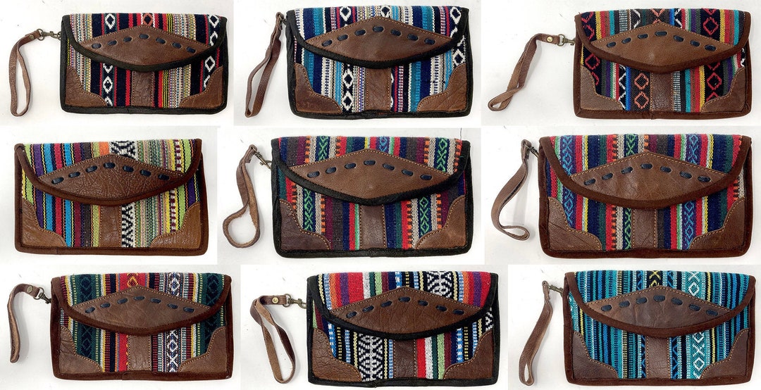 Leather + Cotton Pouch Nepal Nepali Bag Coin Purse Cosmetic Case Ethnic ...