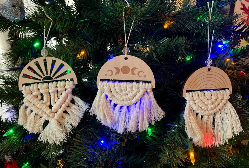 Set of 3 Macrame Ornaments Moon Phase Sun Rays and Rainbow - Etsy