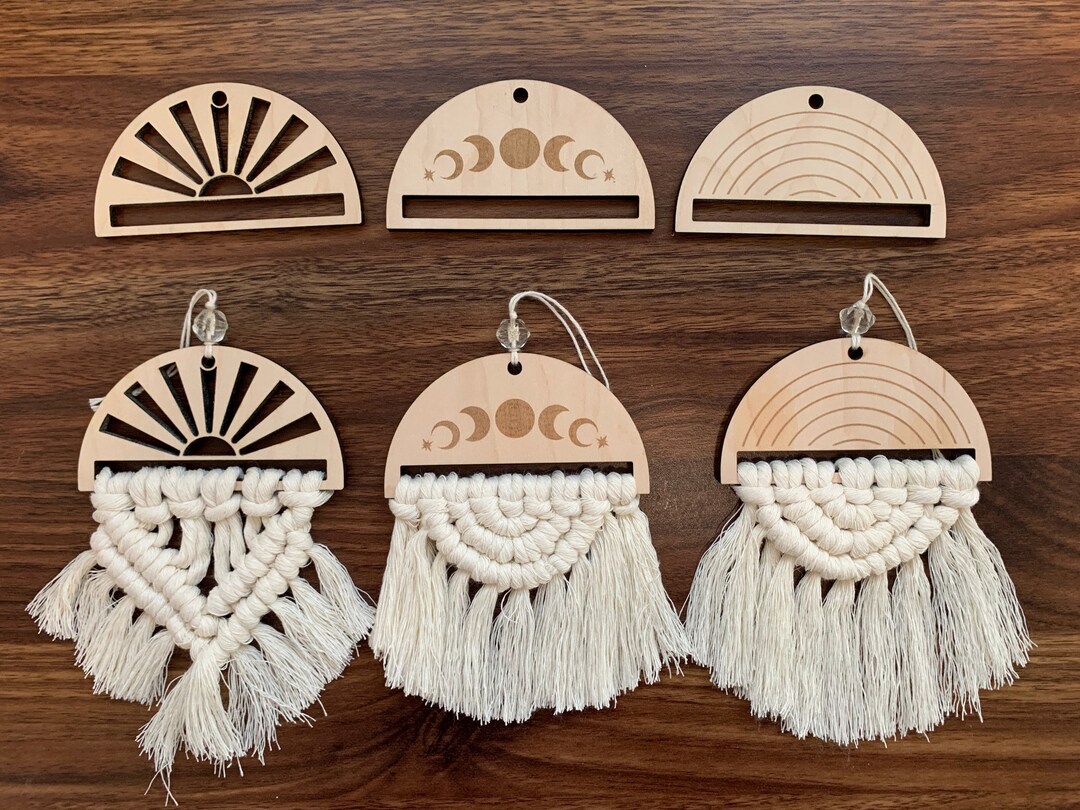 Set of 3 Macrame Ornaments - Moon Phase, Sun Rays and Rainbow - Macrame ...