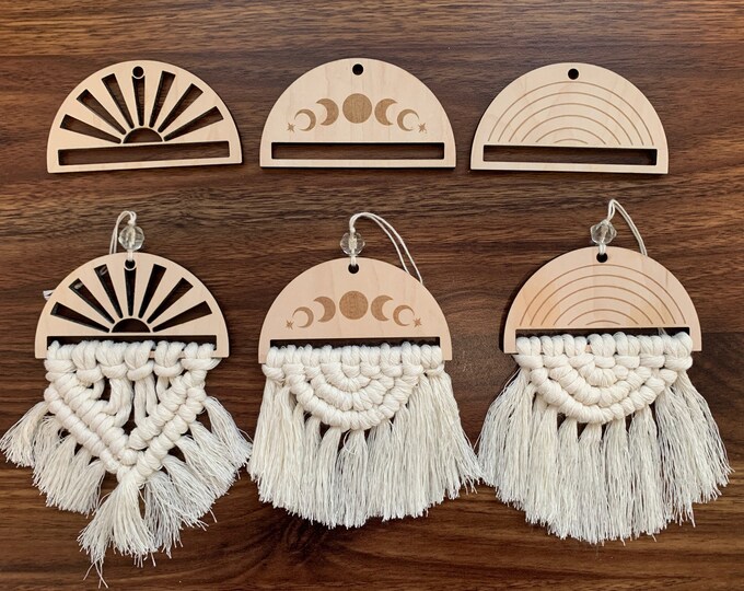 Set of 3 Macrame Ornaments - Moon Phase, Sun Rays and Rainbow - Macrame Ornament- Wood Macrame ...