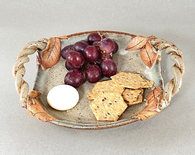 Medium Decorative Pottery Platter With Handles, Pottery Serving Tray ...