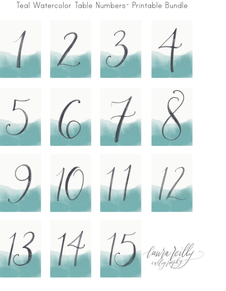 Teal Watercolor Table Numbers, Printable, Digital Download, Hand ...