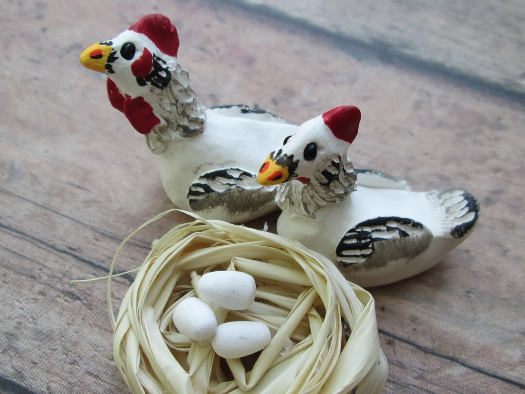 Set of 2 Miniature Chickens and Nest - Fairy Garden Chickens ...