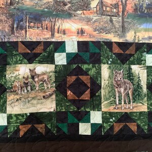 Wolf Handmade Lap Quilt or Wall Hanging in Brown, Black Greens and ...