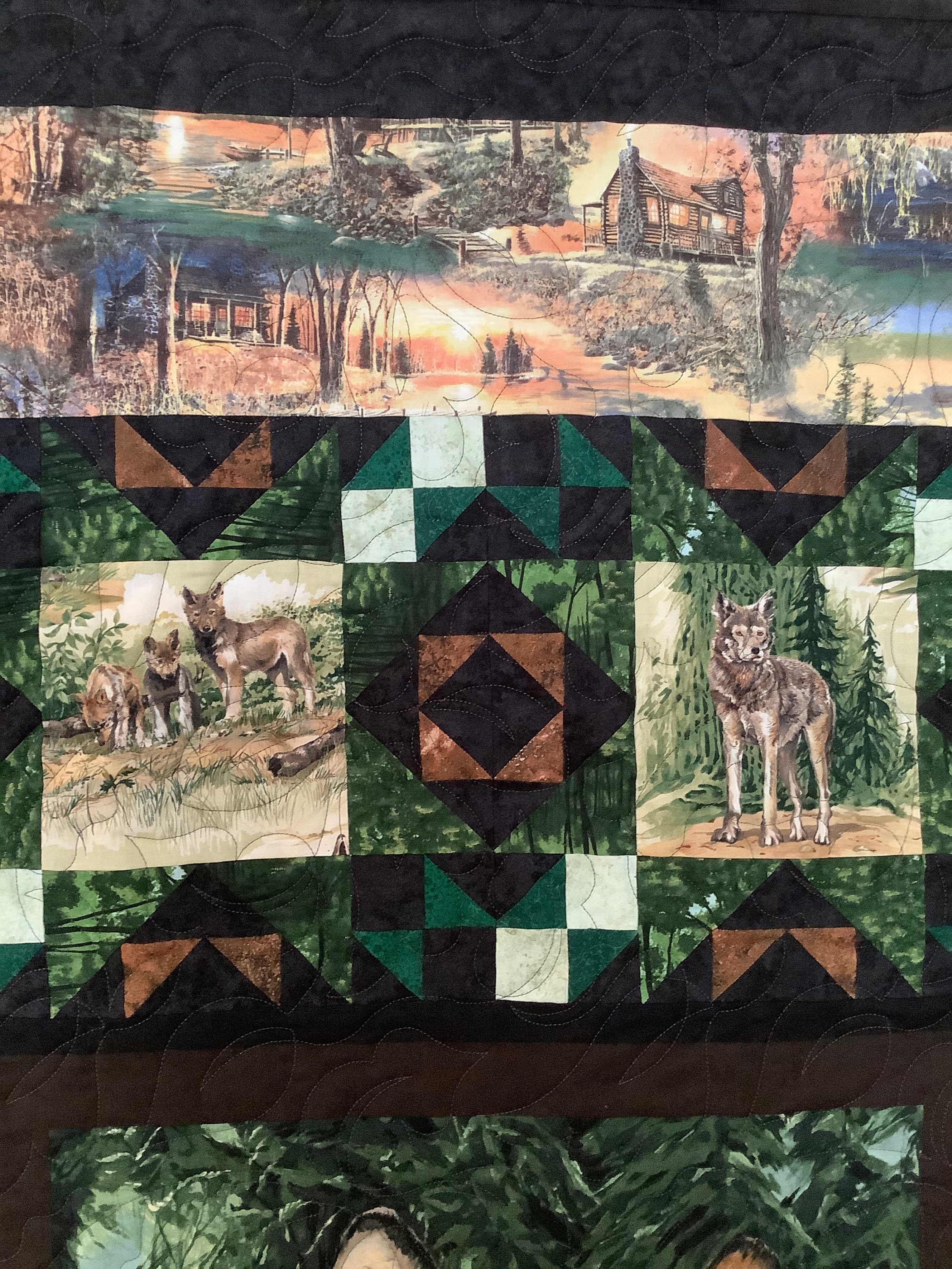 Wolf Handmade Lap Quilt or Wall Hanging in Brown Black Greens - Etsy
