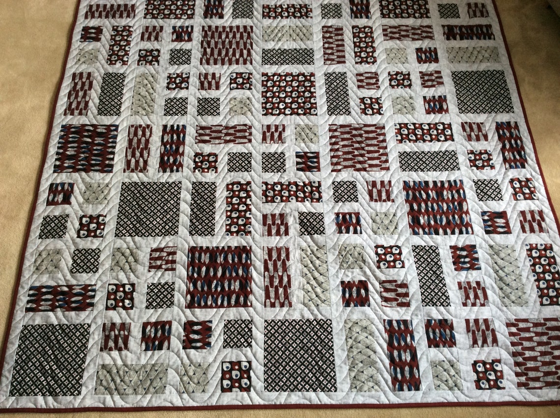 Modern Geometric Grey Red and Blue Patchwork Large Lap Quilt. | Etsy