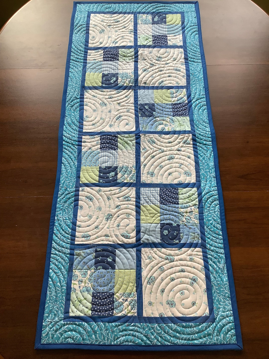 Quilted Table Runner in Blues and White, Reversible With Solid Blue ...