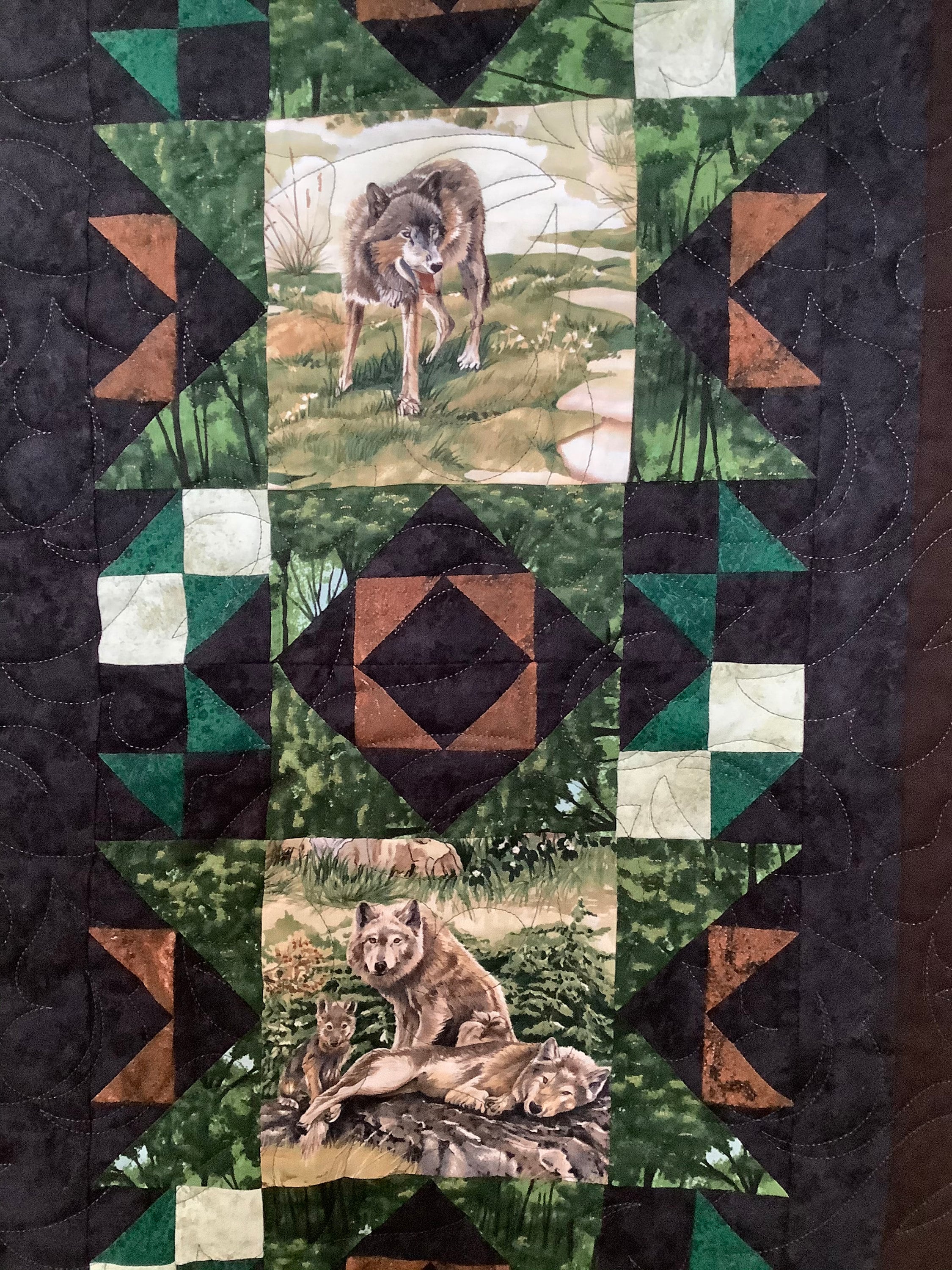 Wolf Handmade Lap Quilt or Wall Hanging in Brown Black Greens - Etsy