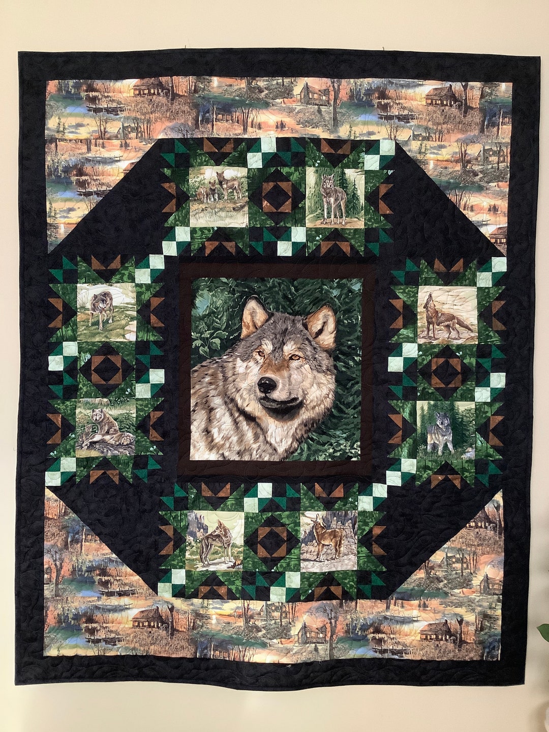 Wolf Handmade Lap Quilt or Wall Hanging in Brown, Black Greens and ...