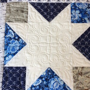 Blue and White Lap Quilt, White Star Small Bed Topper, Blue Taupe White ...