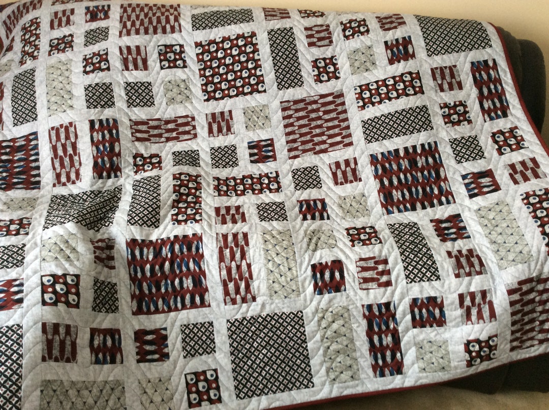 Modern Geometric Grey Red and Blue Patchwork Large Lap Quilt. Masculine ...