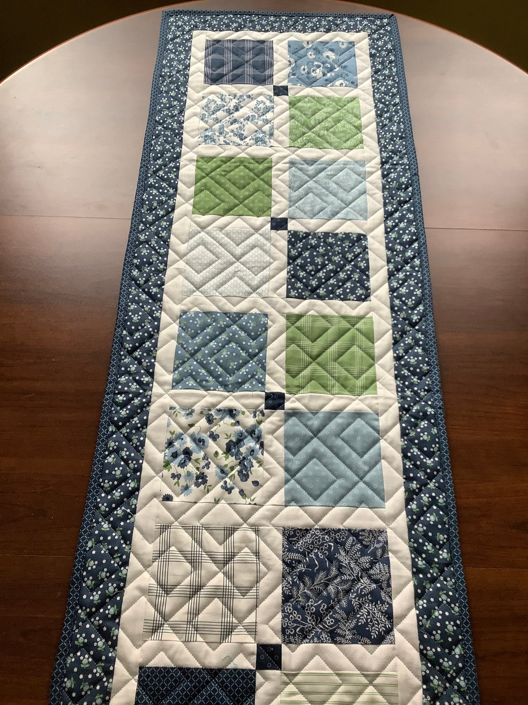 Modern Quilted Table Runner in Blues Greens and White, Extra Long Harvest Table Runner, Coffee ...