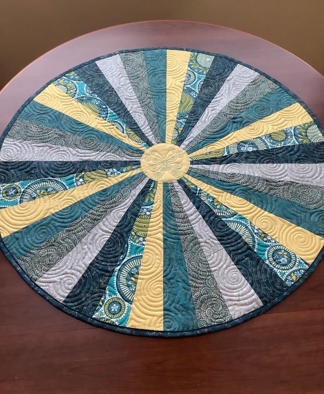 Quilted Round Table Decor, Runner, Topper in Blue Greens With Silver ...