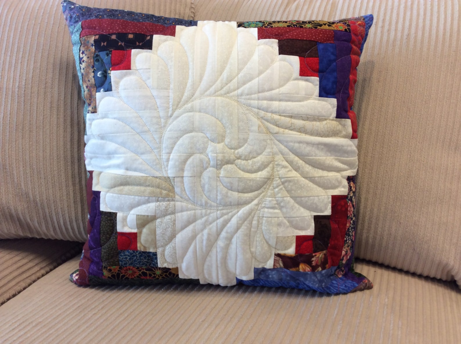 Quilted Toss Pillow/log Cabin Throw Pillow/decorative Pillow/scrappy Quilted Pillow/quilted ...