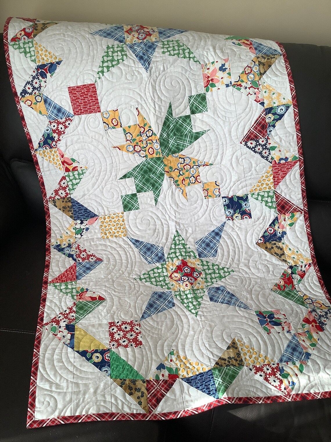 Quilted Bed Runner or Table Runner in Red Green Blue and White - Etsy