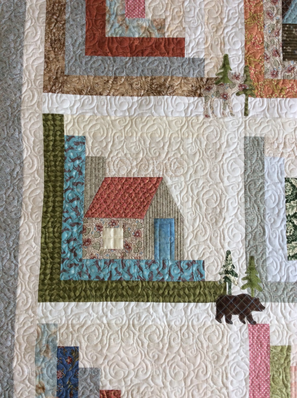 Log Cabin Cottage Quilt With Bears Moose Pine Trees Small - Etsy