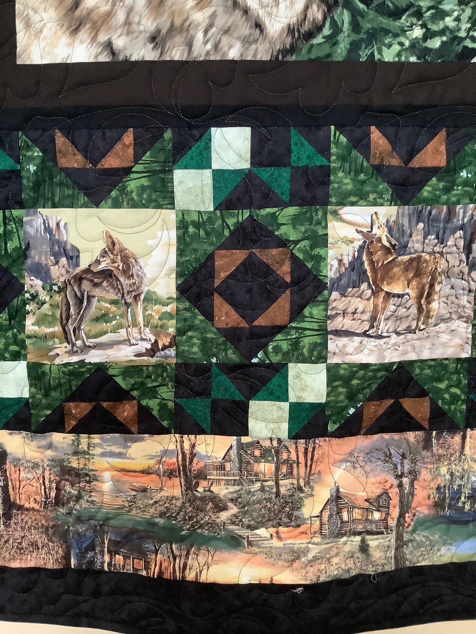 Wolf Handmade Lap Quilt or Wall Hanging in Brown Black Greens - Etsy