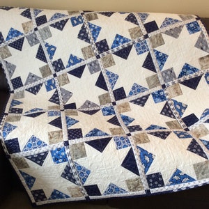 Blue and White Lap Quilt, White Star Small Bed Topper, Blue Taupe White ...