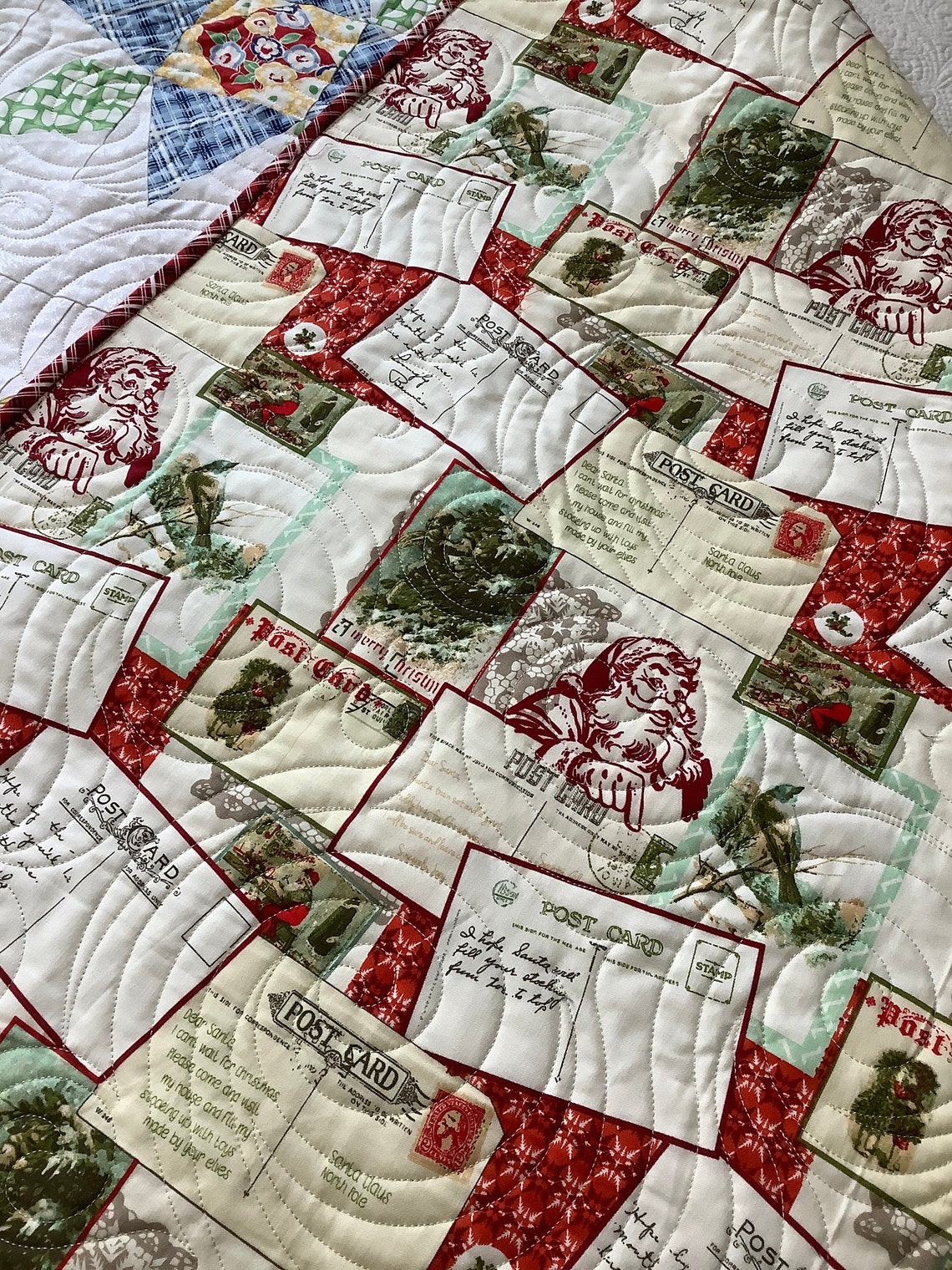 Quilted Bed Runner or Table Runner in Red Green Blue and White - Etsy