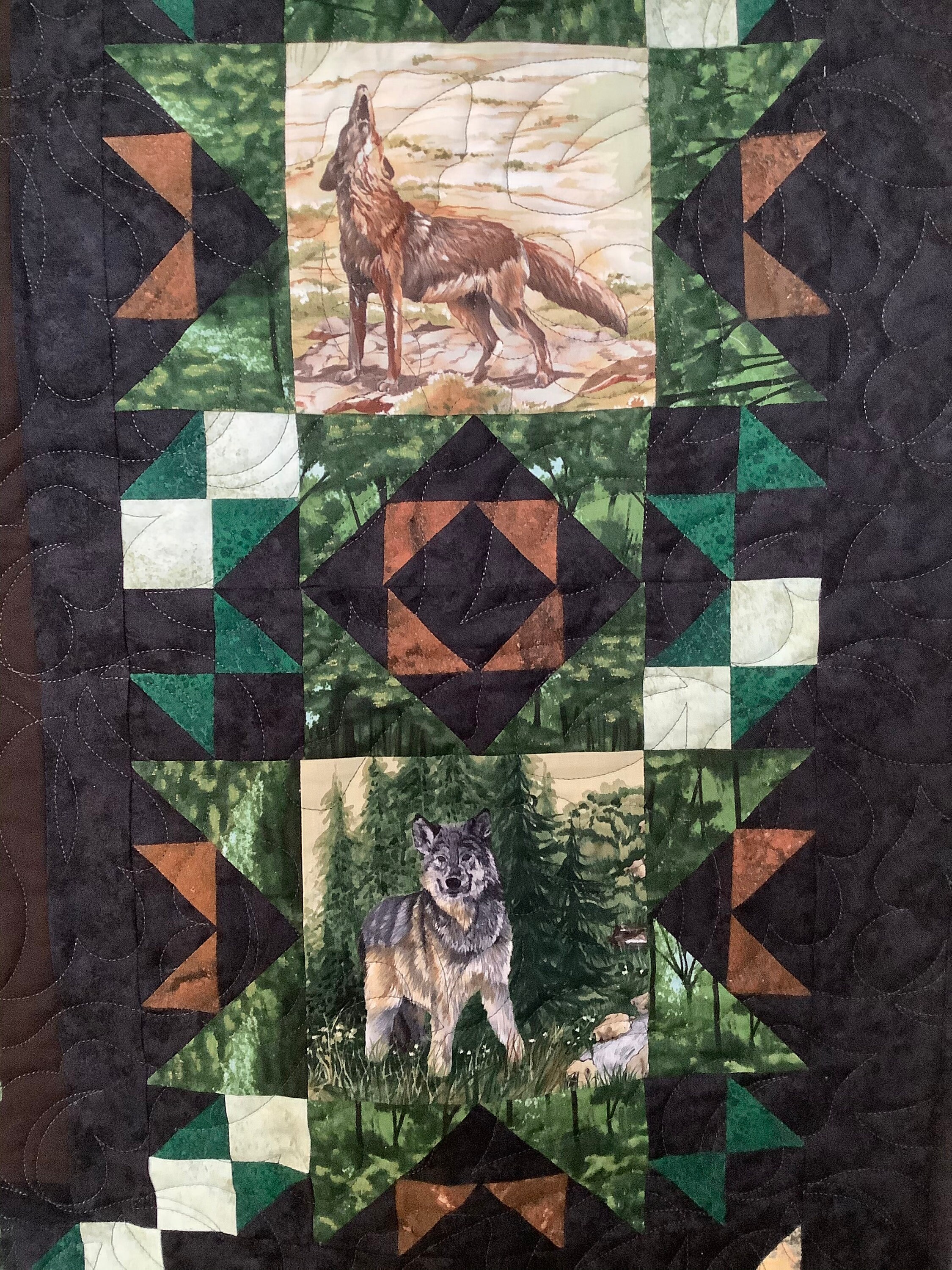 Wolf Handmade Lap Quilt or Wall Hanging in Brown Black Greens - Etsy