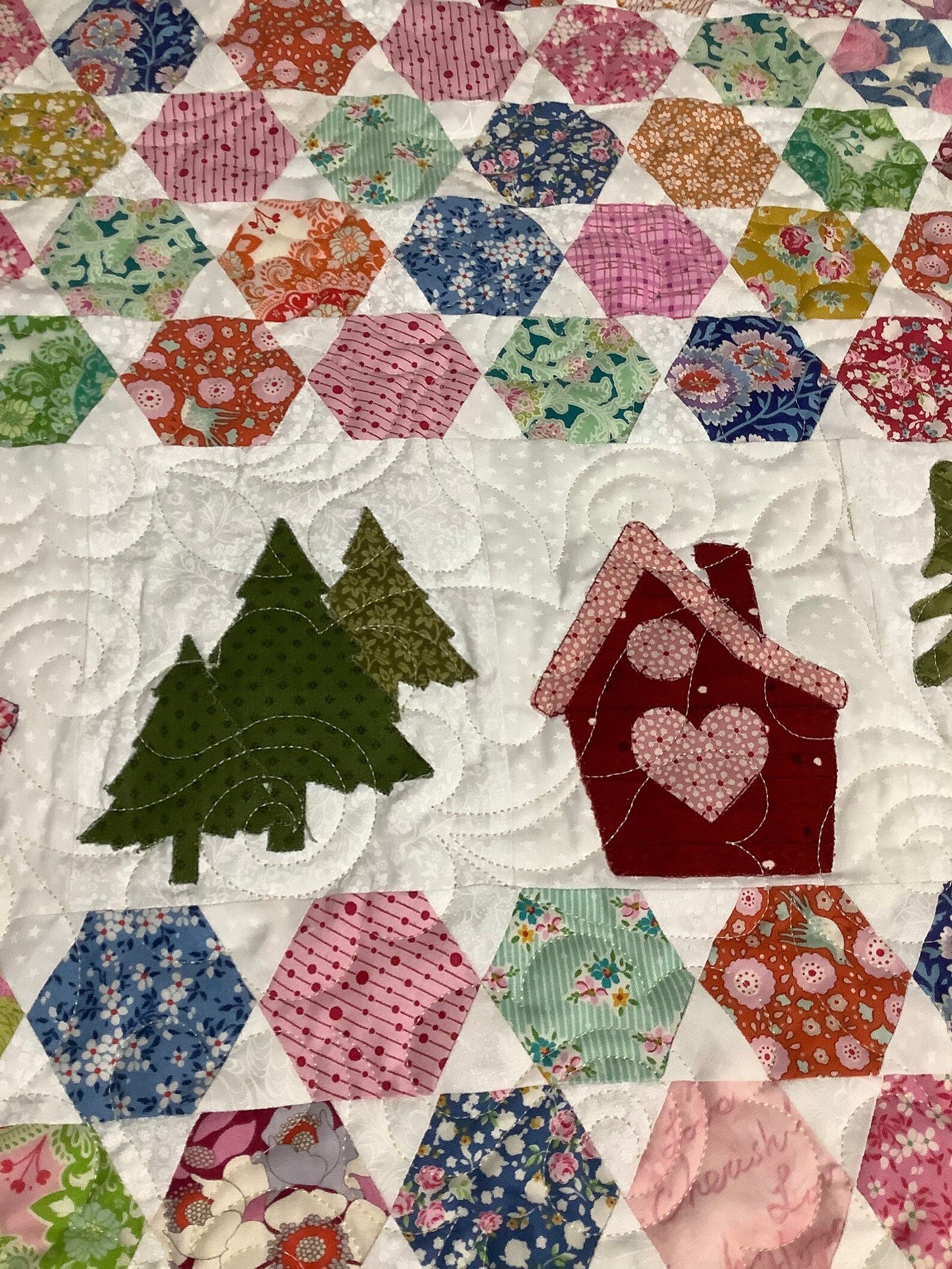 Hexagon Quilt With Cottages and Tree Applique in Scrappy Tilda - Etsy