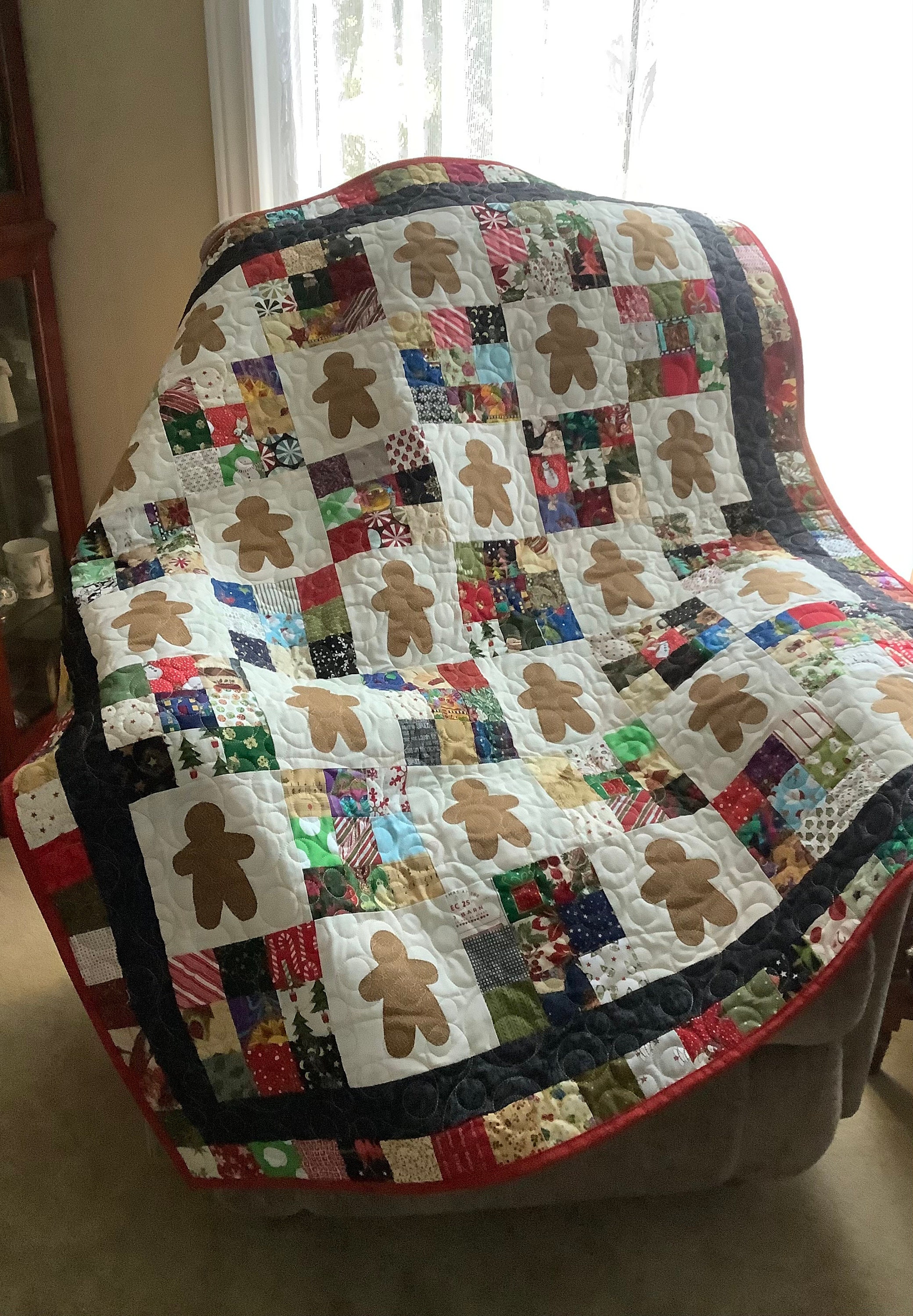 Gingerbread Man Christmas Lap Quilt or Wall Hanging, Scrappy Nine Patch ...